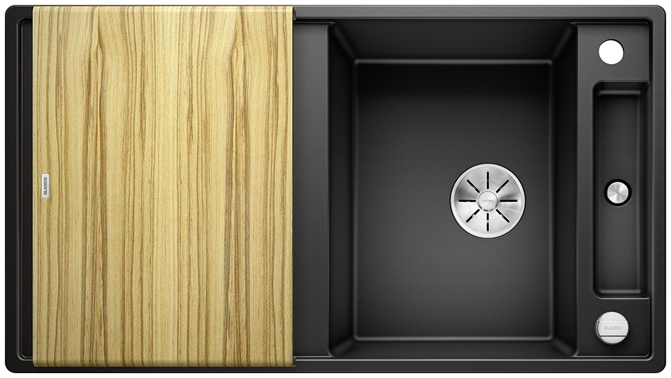 BLANCO AXIA III 5 S Silgranit czarny odwracalny, korek auto., InFino, deska jesionowa